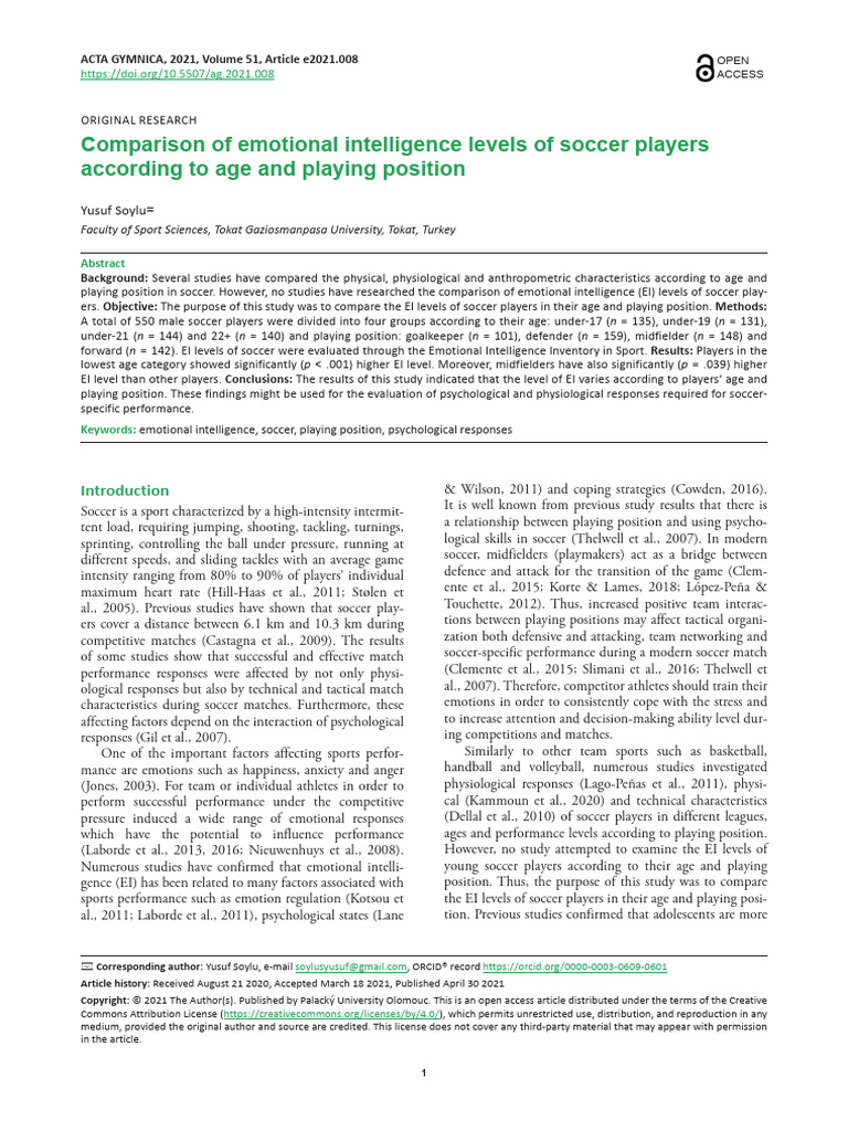 Comparison of emotional intelligence levels of soccer players according to age and playing ...