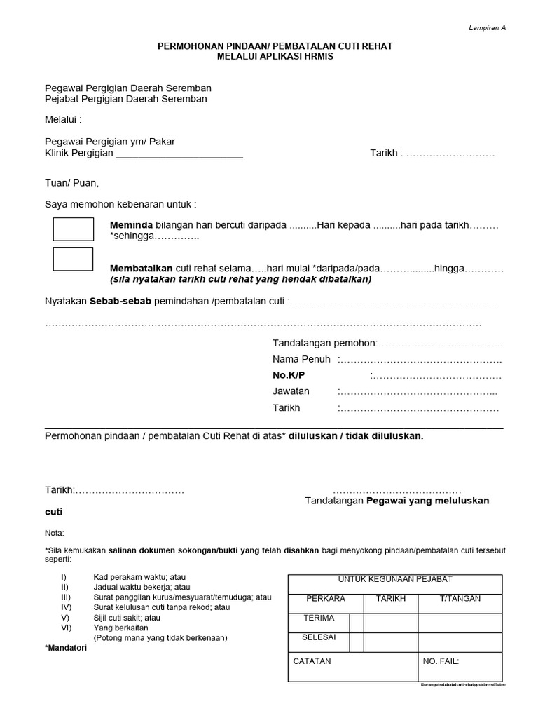 Lampiran A-Pembatalan Cuti Rehat Hrmis | PDF