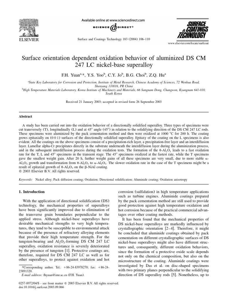 Surface Orientation Dependent Oxidation Behavior of Aluminized DS CM 247 LC Nickel-Base ...