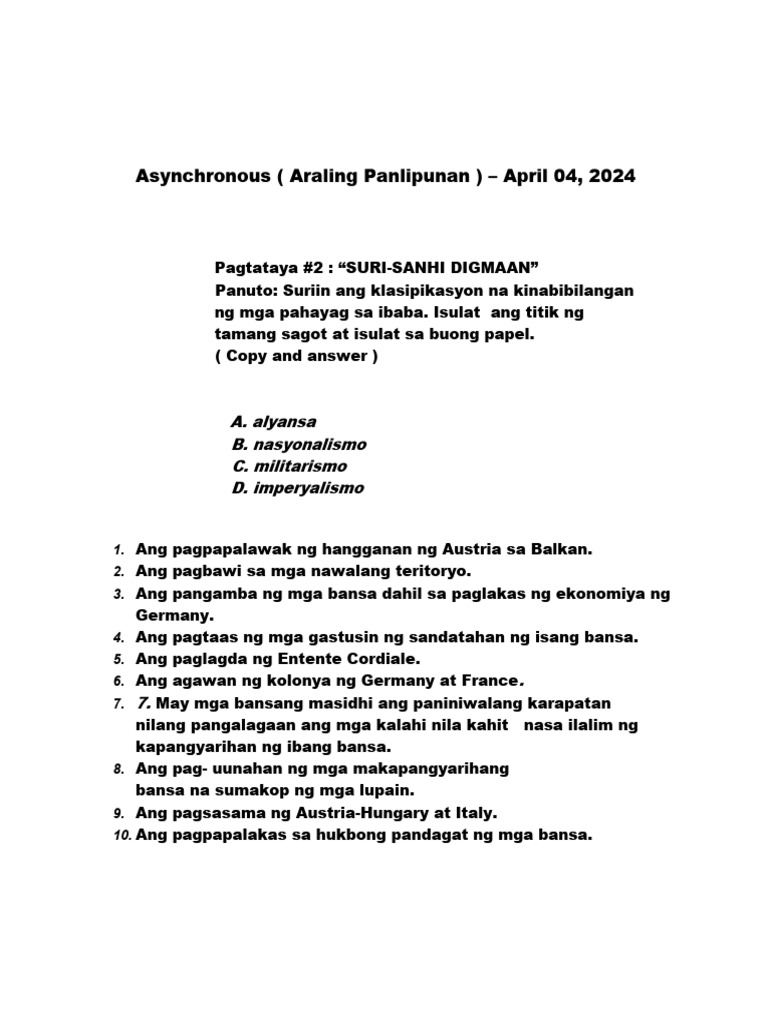 Asynchronous Araling Panlipunan April 04 2024 | PDF