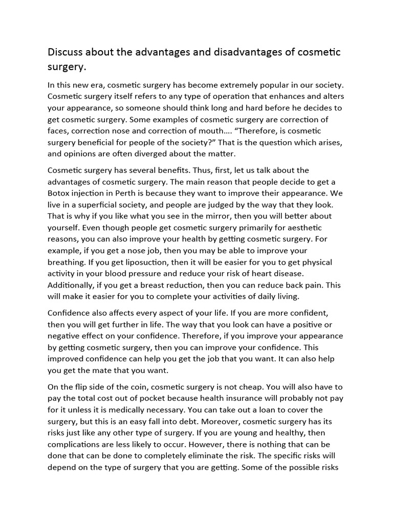 Pros and Cons of Cosmetic Surgery | PDF | Surgery | Plastic Surgery
