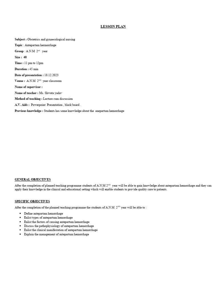 First Stage of Labour Lesson Plan | PDF | Childbirth | Medical Specialties