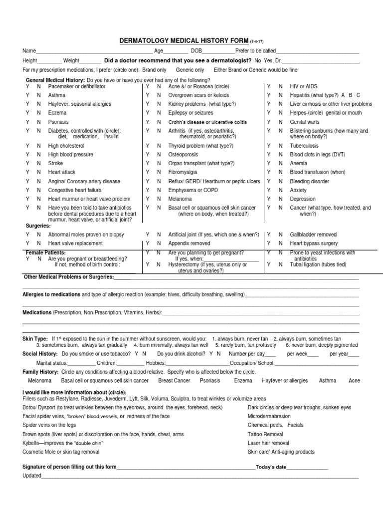Dermato History Form | PDF | Medical Specialties | Clinical Medicine