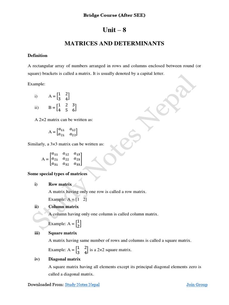 Unit-8-Matrices-And-Determinants | PDF | Matrix (Mathematics) | Determinant