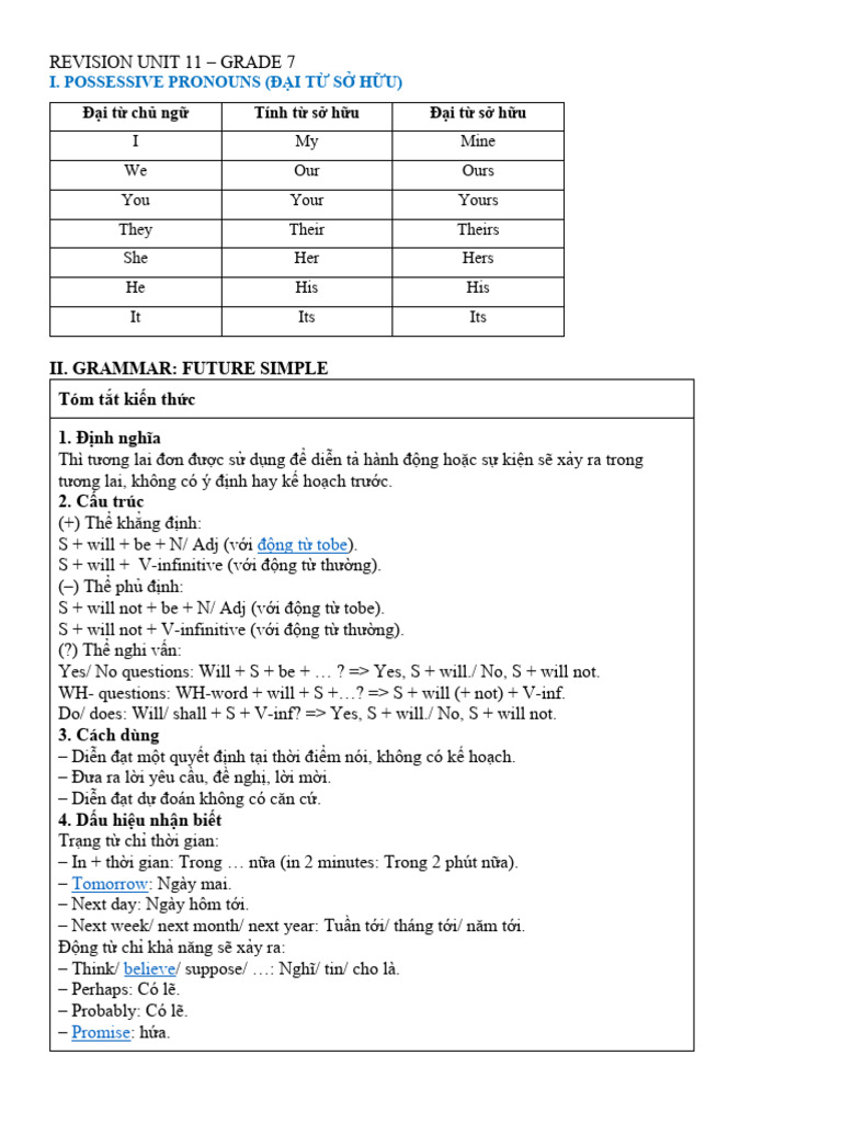 Revision Unit 11 - Grade 7 (7a8) | PDF