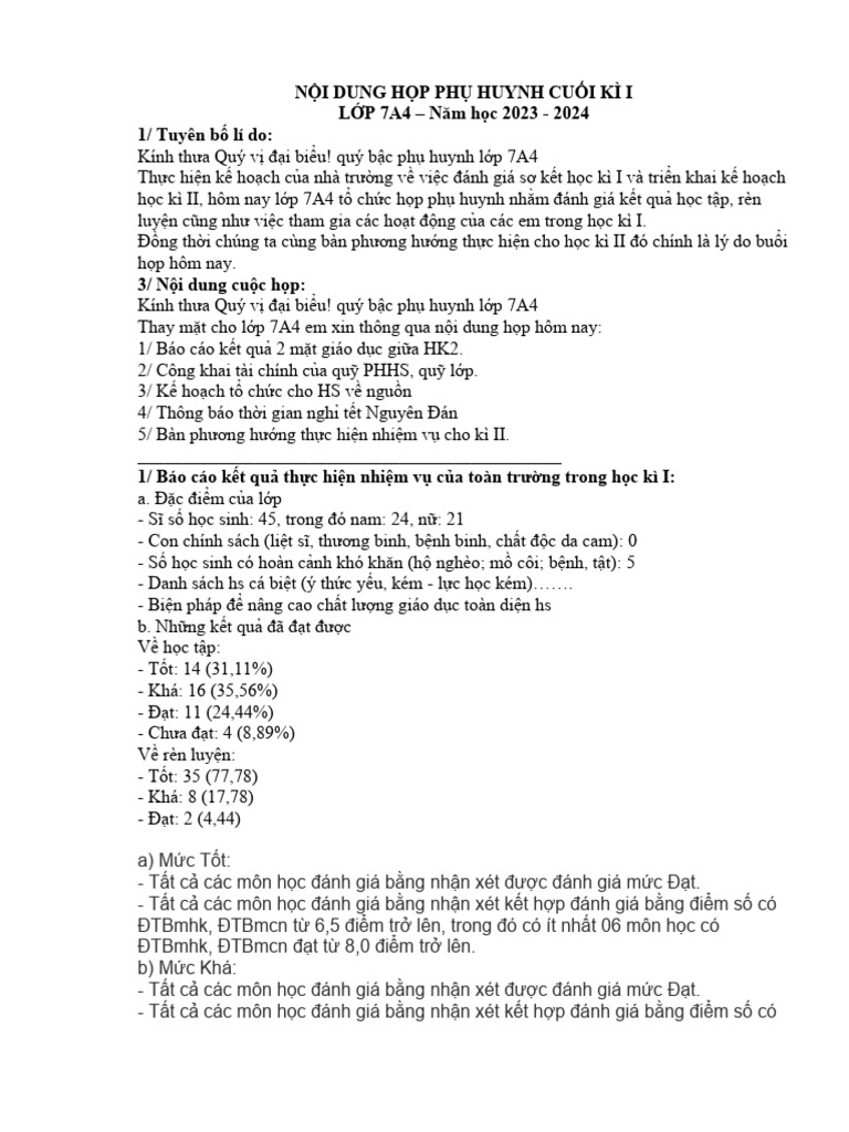 NỘI DUNG HỌP PHỤ HUYNH CUỐI KÌ I | PDF