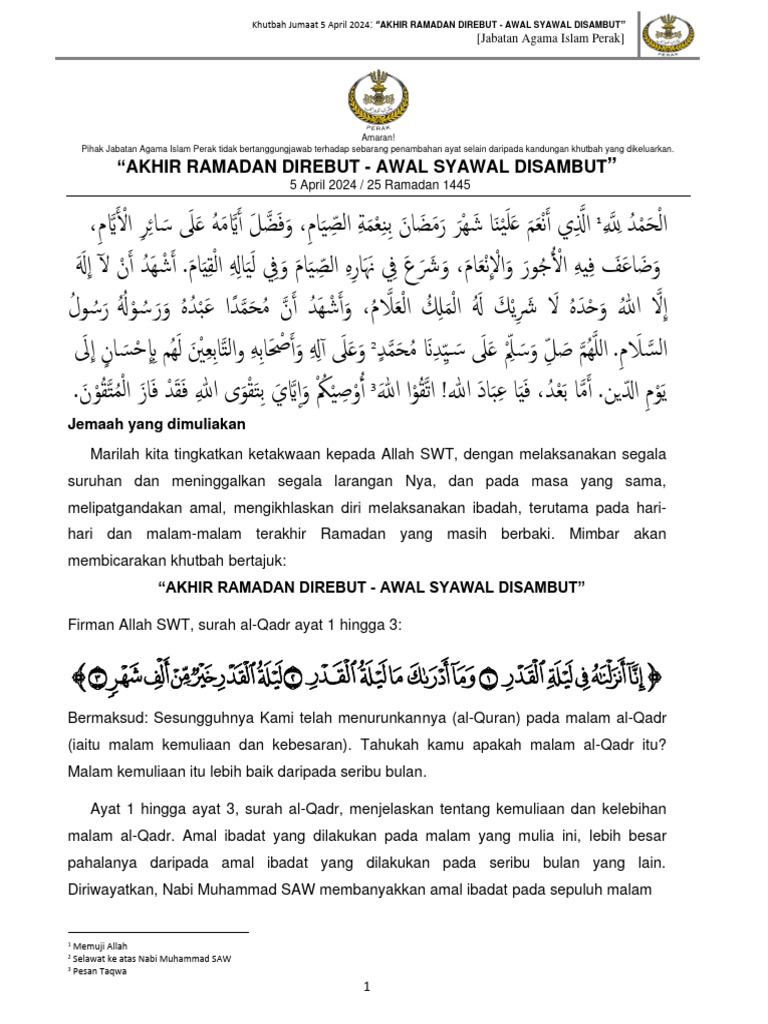 Khutbah Jumaat 5 April 2024 Akhir Ramadan Direbut Awal Syawal Disambut RUMI | PDF