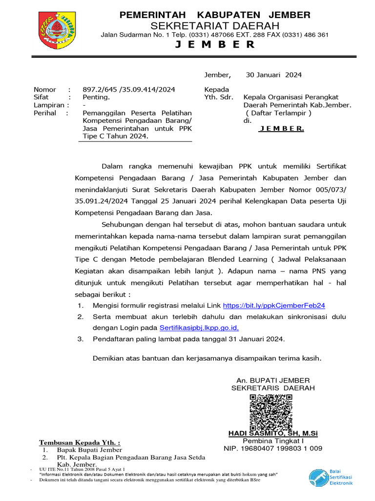 Surat Pemanggilan Pelatihan PBJ Tahun 2024 | PDF