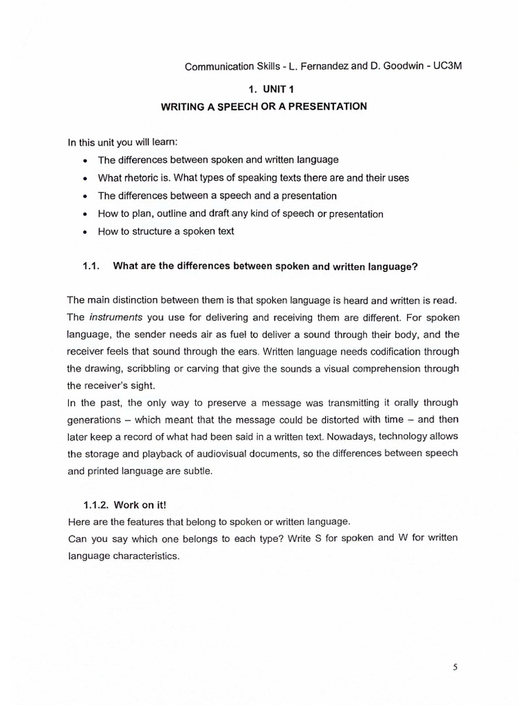 Teoe Unit 1 Writing A Speech Or A Presentation Pdf