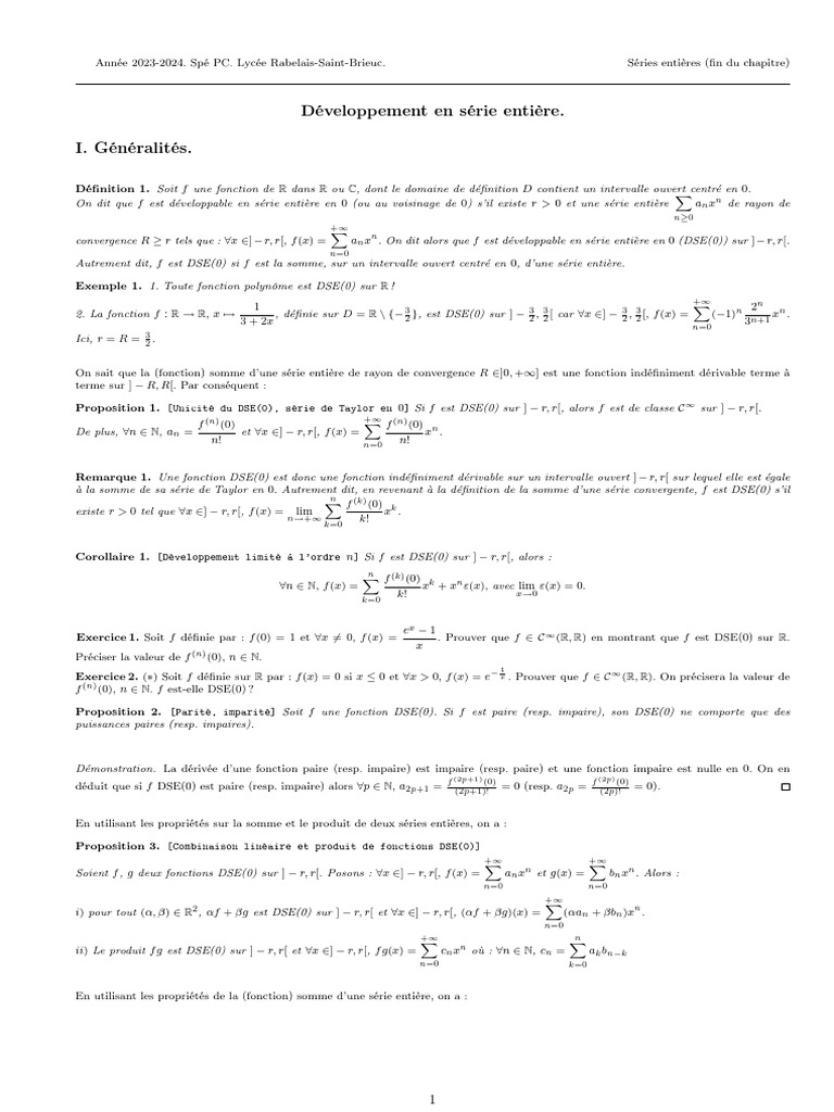 Développement en série entière DSE(0) | PDF | Série entière | Limite ...