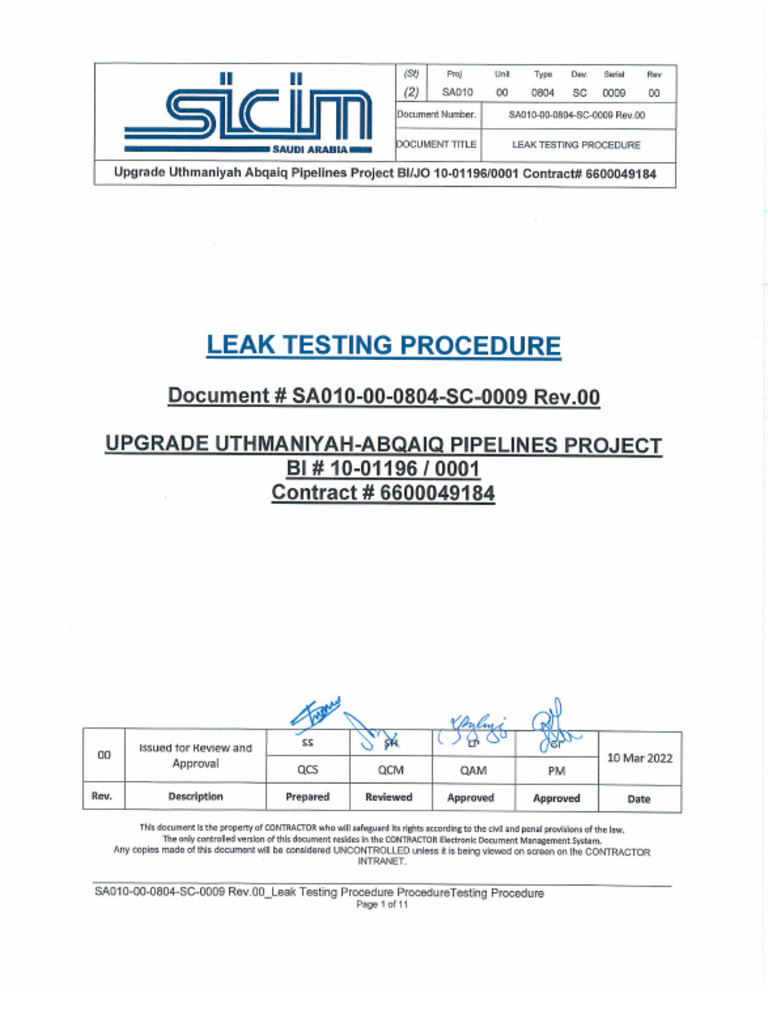 133 SA010 00 0804 SC 0009 00 Leak Testing Procedure Procedure r00 | PDF ...