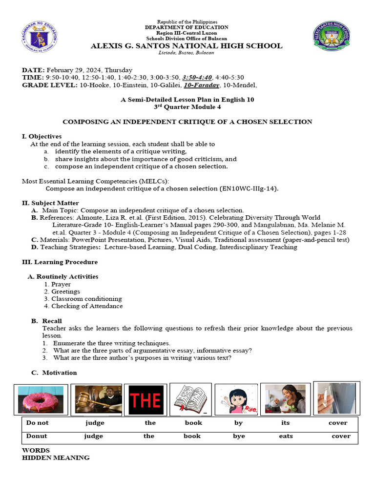 Lesson Plan - Composing An Independent Critique | PDF | Lesson Plan ...