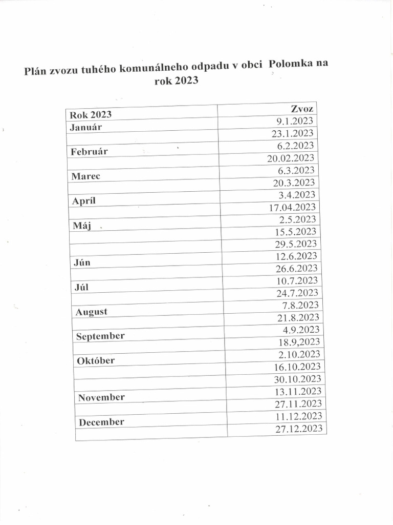 Plan Zvozu Tko A Separovaneho Odpadu-2023 | PDF