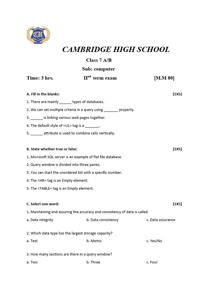 Class 7 Computer Exam Paper 2025 | PDF | Html Element | Databases