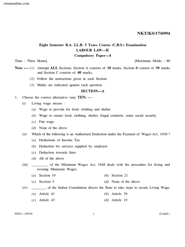 Labour Law II Examination Paper | PDF | Employment | Wage