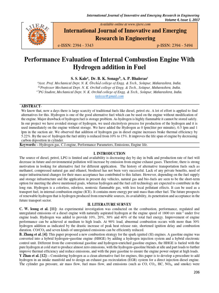 Performance Evaluation of Internal Combustion Engine With Hydrogen ...