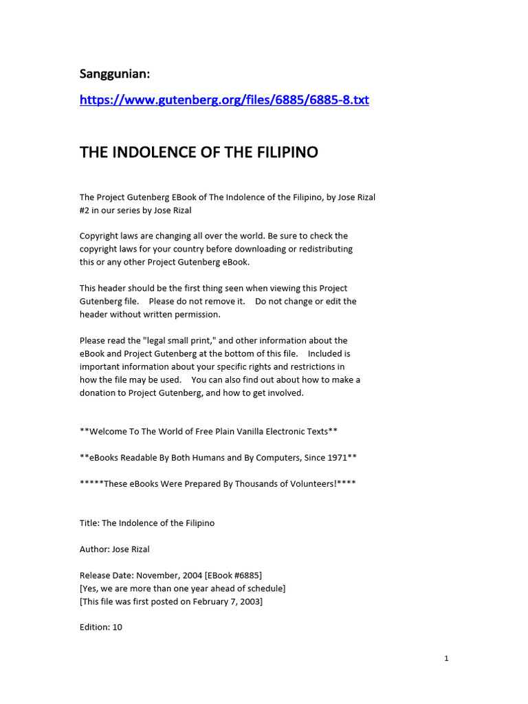 Indolence of The Filipino - JRizal - PI100 | PDF | Project Gutenberg