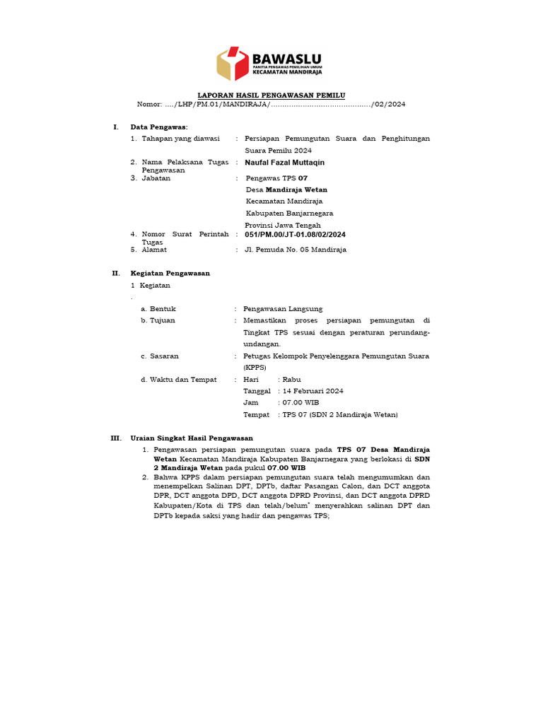 Pengawasan Persiapan Pemungutan Suara Pemilu 2024 | PDF