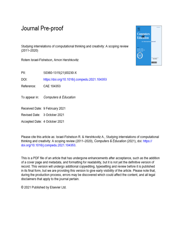 Studying Interrelations of Computational Thinking and Creativity: A Scoping Review (2011-2020 ...