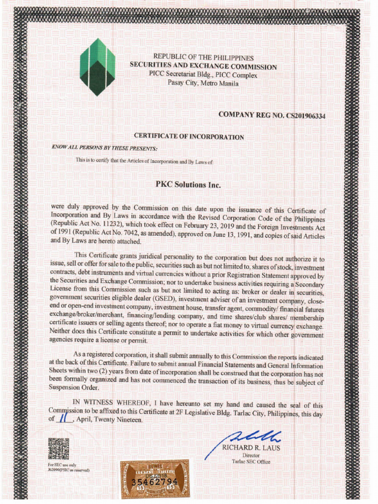 PKC Solutions Inc. Cert. of Incorporation | PDF