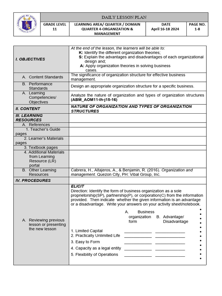 daily-Lesson-Plan-week 1 Final-For - ORGANIZATION & MANAGEMENT | PDF ...