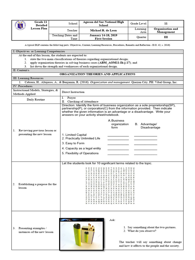 daily-Lesson-Plan-week-1-for - ORGANIZATION & MANAGEMENT | PDF ...