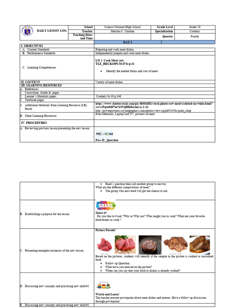Grade 10 Cookery Lesson Plan: Meat Dishes | PDF | Learning | Cooking
