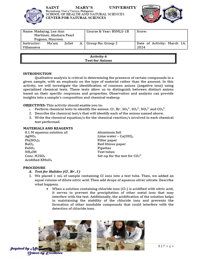Lab Activity 6 Test for Anions (1) | PDF | Precipitation (Chemistry) | Acid