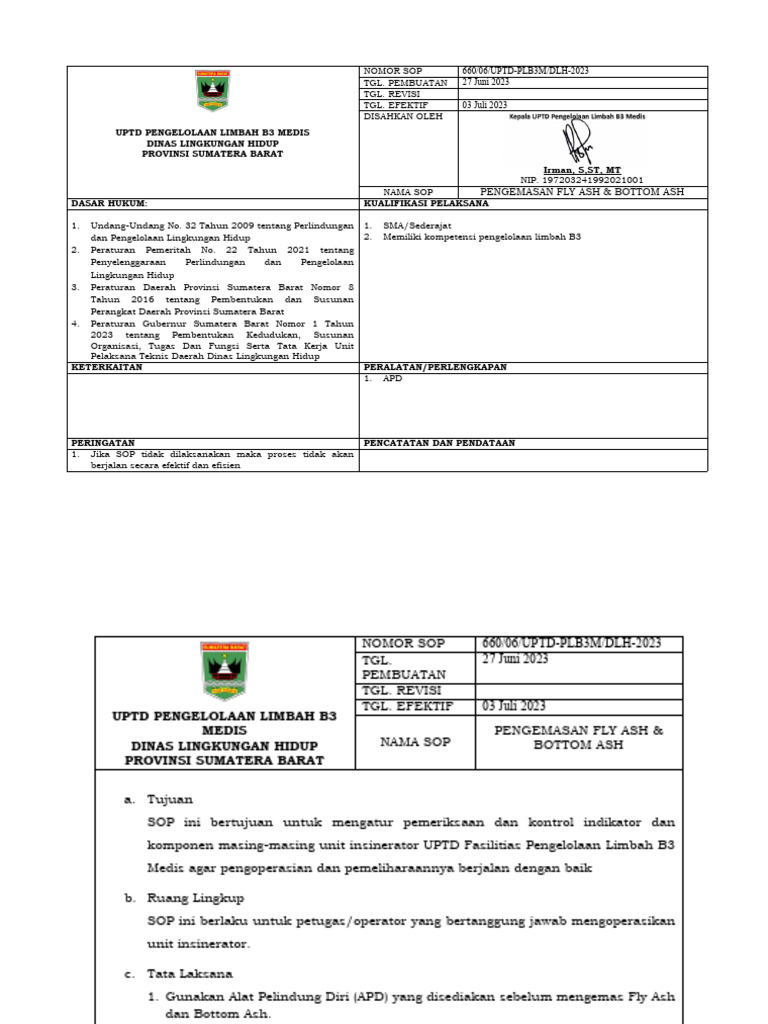SOP Pengemasan Fly Ash Dan Bottom Ash | PDF