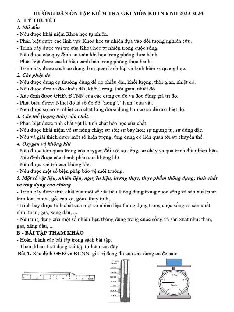 ĐỀ CƯƠNG KHTN 6 - GKI - 2023-2024 | PDF