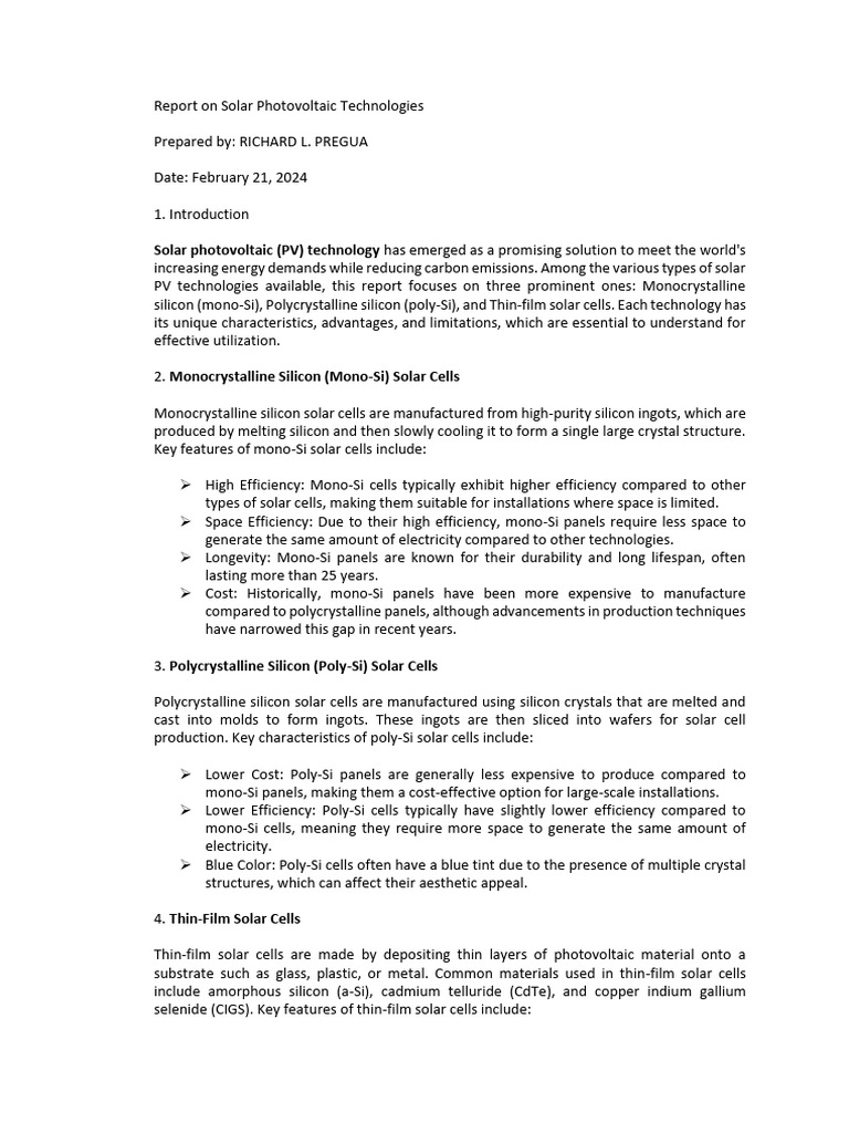 Report on Solar Photovoltaic Technologies | PDF | Solar Cell | Thin ...