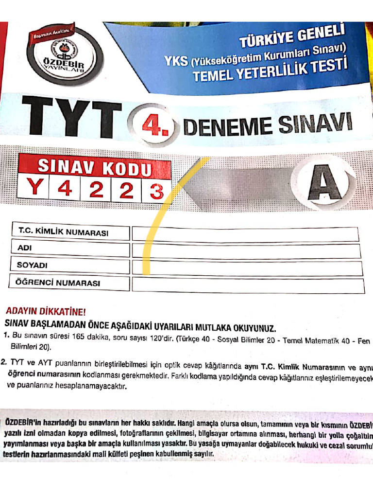 Özdebi̇r Türki̇ye Geneli̇ Tyt Deneme | PDF