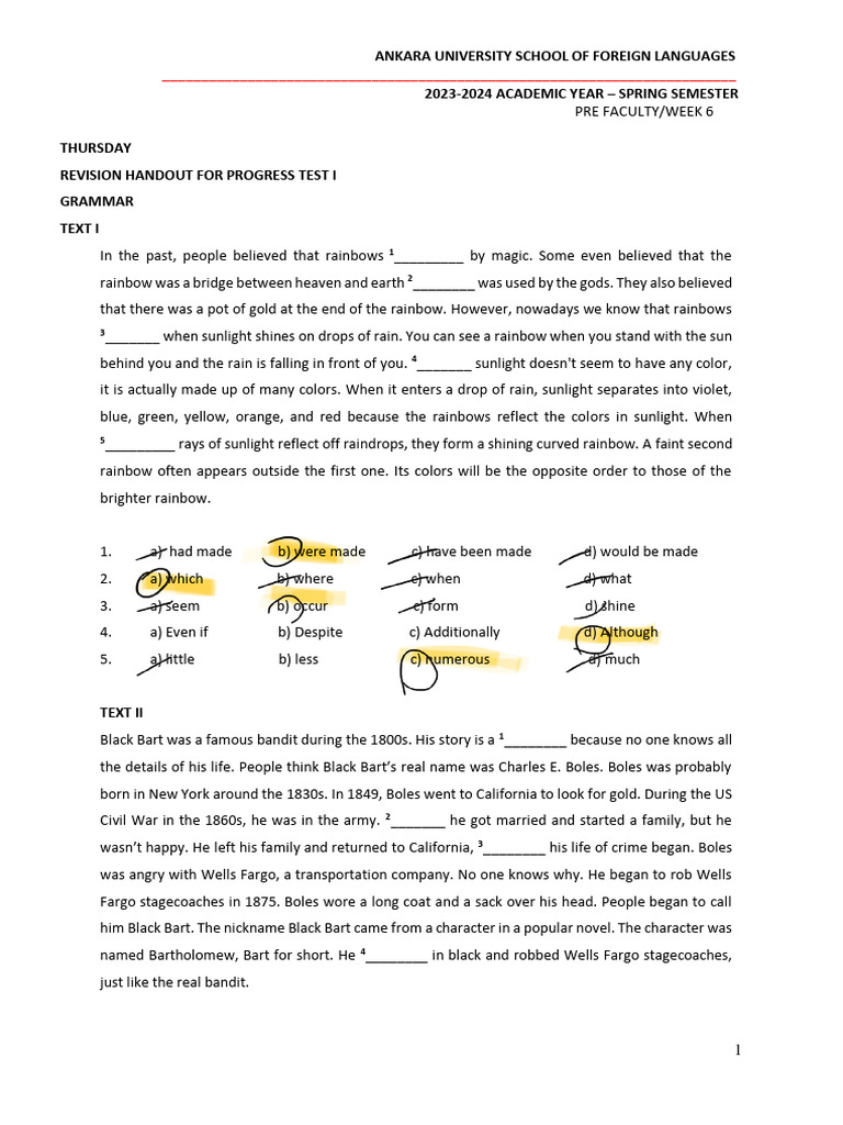 Revision Handout For Progress Test I | PDF | Rainbow | Tiger