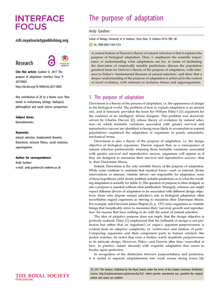 The Purpose of Adaptation | PDF | Fitness (Biology) | Natural Selection