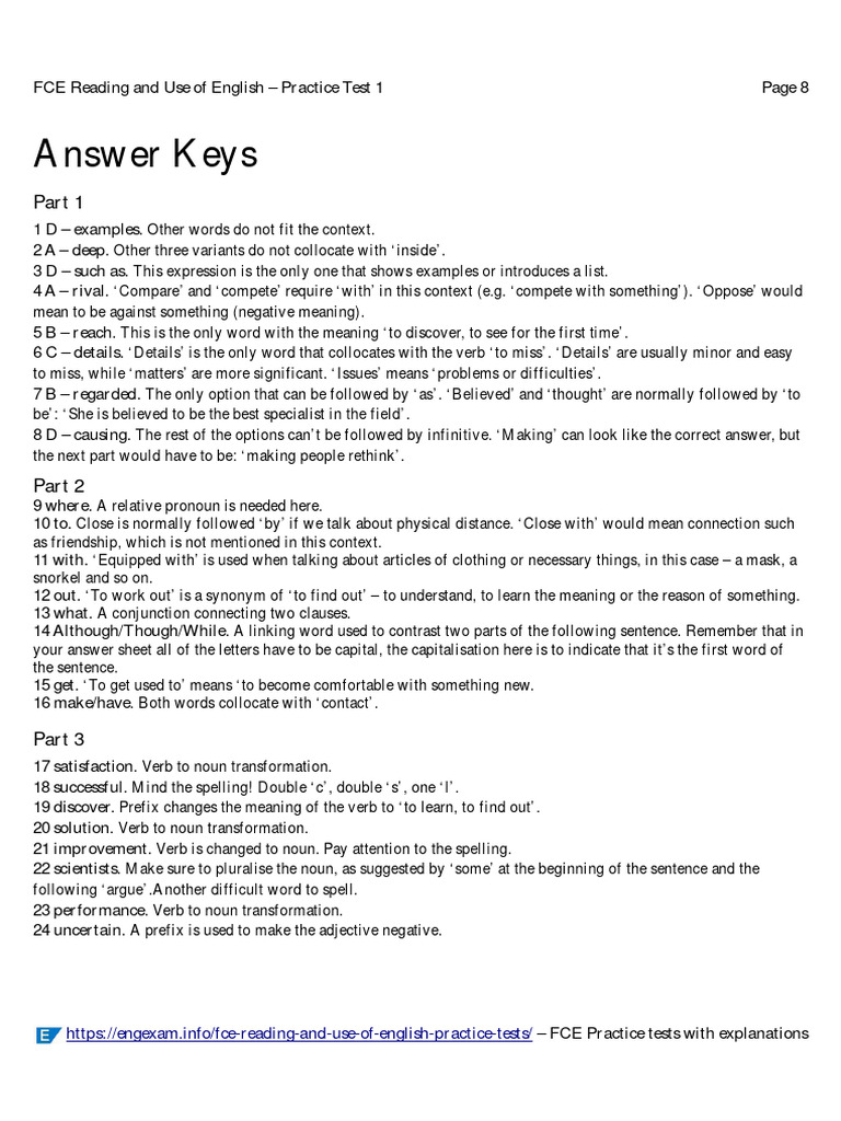 Practice Test 1 FCE - answers | PDF | Verb | English Language