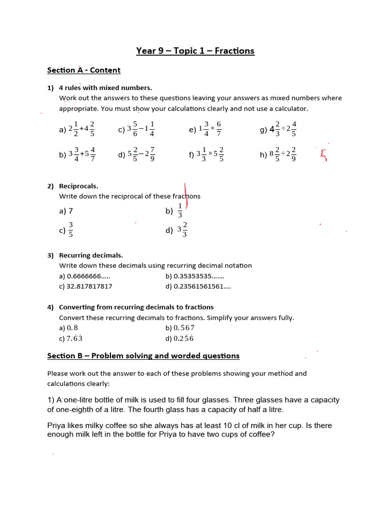 Year 9 Fractions: Mixed Numbers & Reciprocals | PDF | Mathematical ...