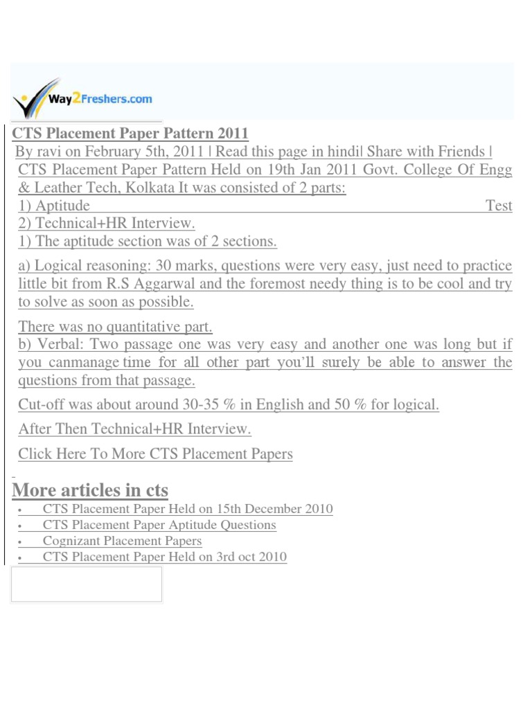 CTS Placement Paper Pattern 2011 | PDF | Space | Spacetime