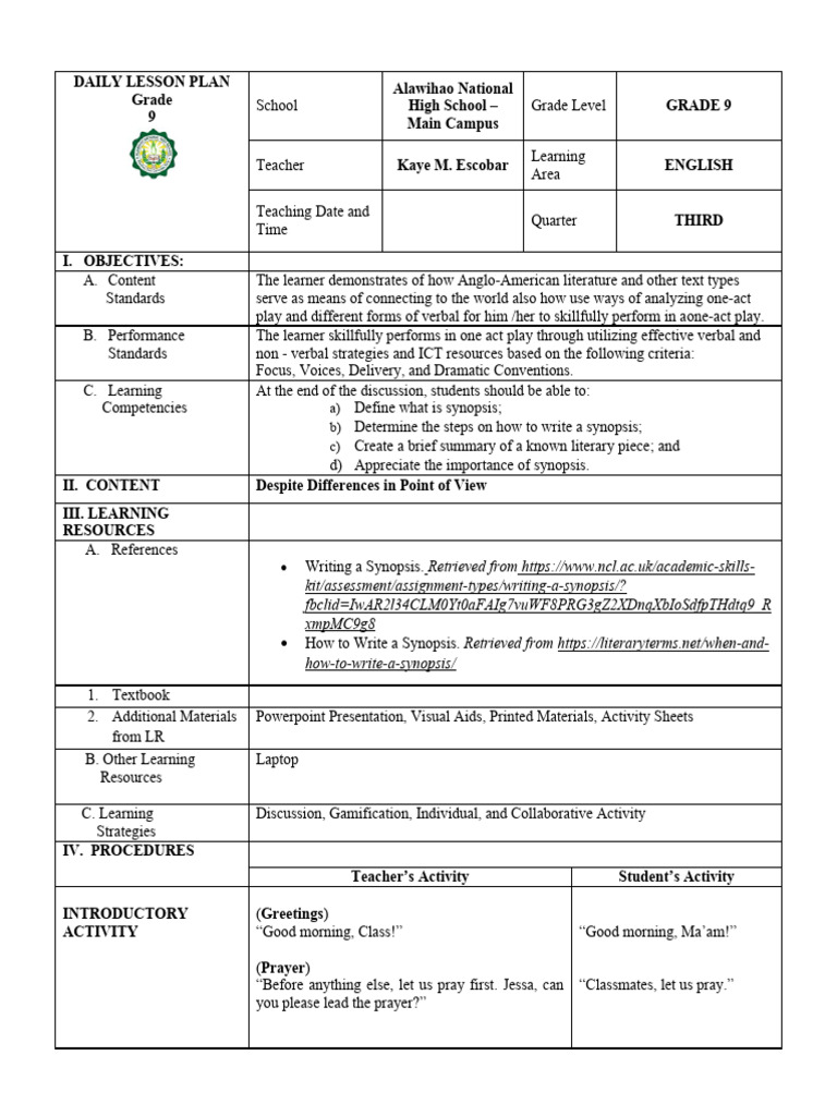 1st DLP - Eng 9 | PDF | Educational Technology | Learning