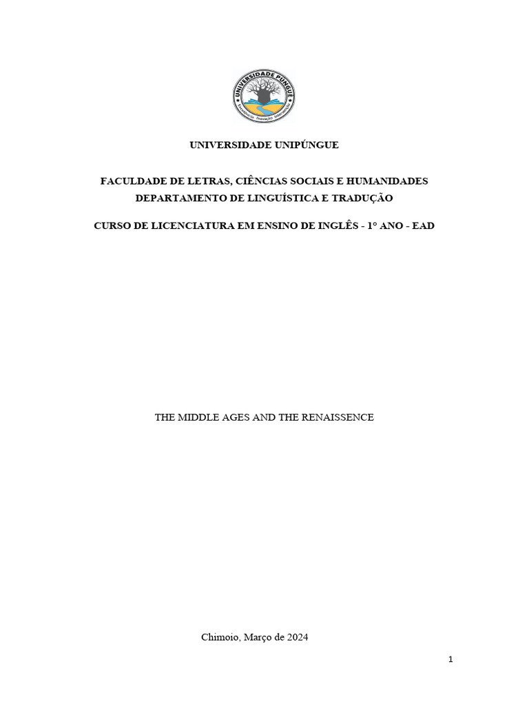 ASSIGNMENT - The Middle Ages and The Renaissance GENERAL LINGUISTIC ...