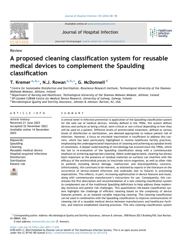 A Proposed Cleaning Classification System For Reusable Medical Devices ...