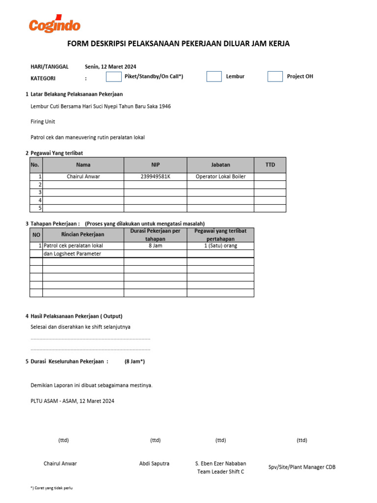 FORM LEMBUR Chairul Anwar 12 Maret Cuti Bersama Hari Suci Nyepi 1946 | PDF