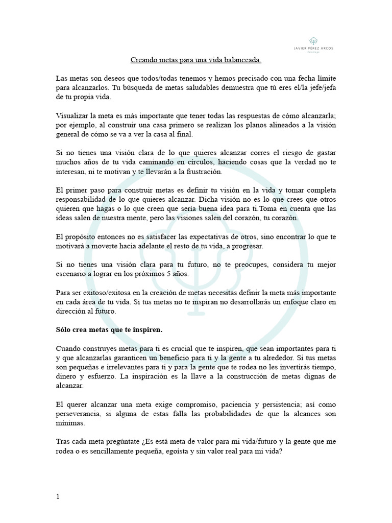 Creando Metas para Una Vida Balanceada | PDF | Sicología | Ciencias del ...