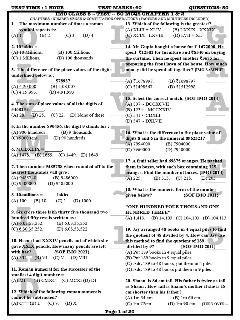 Imo Class 5 Chapterwise Papers | PDF | Rectangle | Numbers