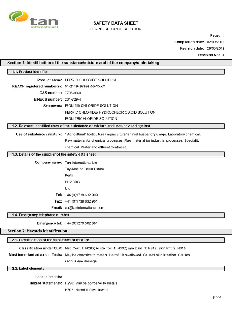 Ferric Chloride 30-70% Solution | PDF | Toxicity | Chemistry