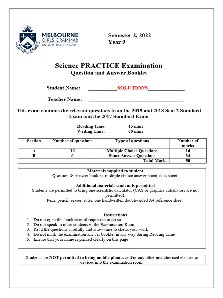 2022 Year 9 Sem 2 Science PRACTICE Written Examination - SOLUTIONS | PDF | Nervous System | Neuron
