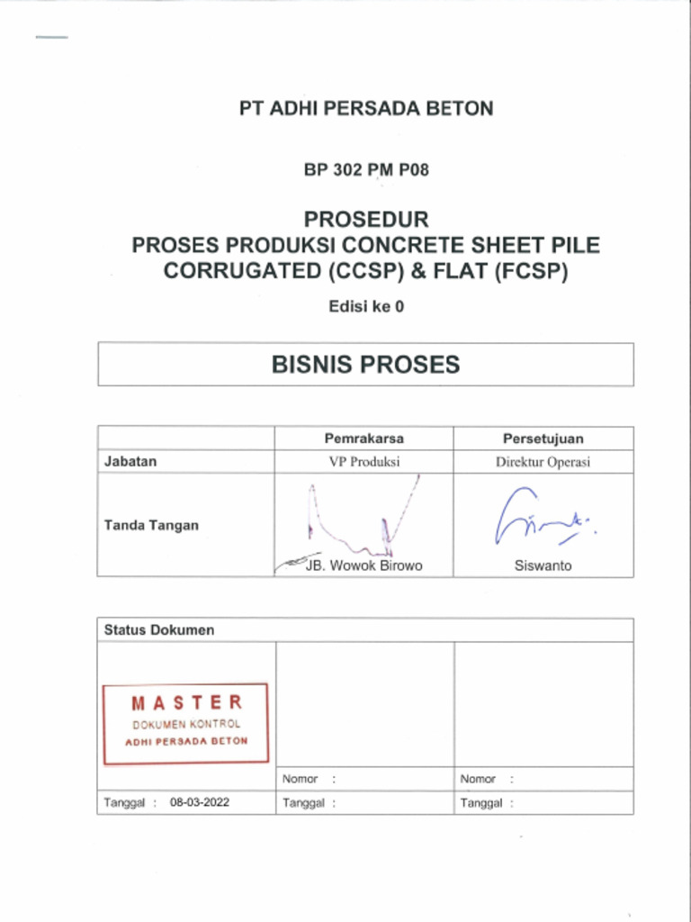 BP 302 PM P08 Prosedur Proses Produksi Concrete Sheet Pile Corrugated (CCSP) & Flat (FCSP) | PDF