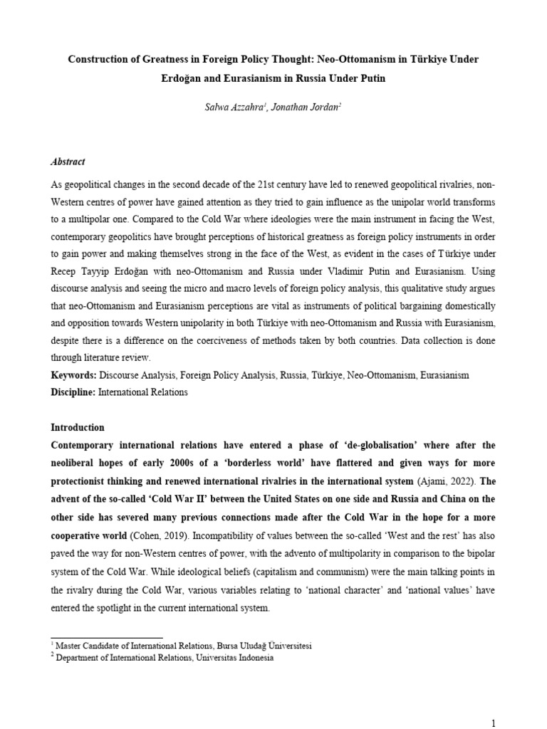 Construction Of Greatness In Foreign Policy Thought Neo Ottomanism In