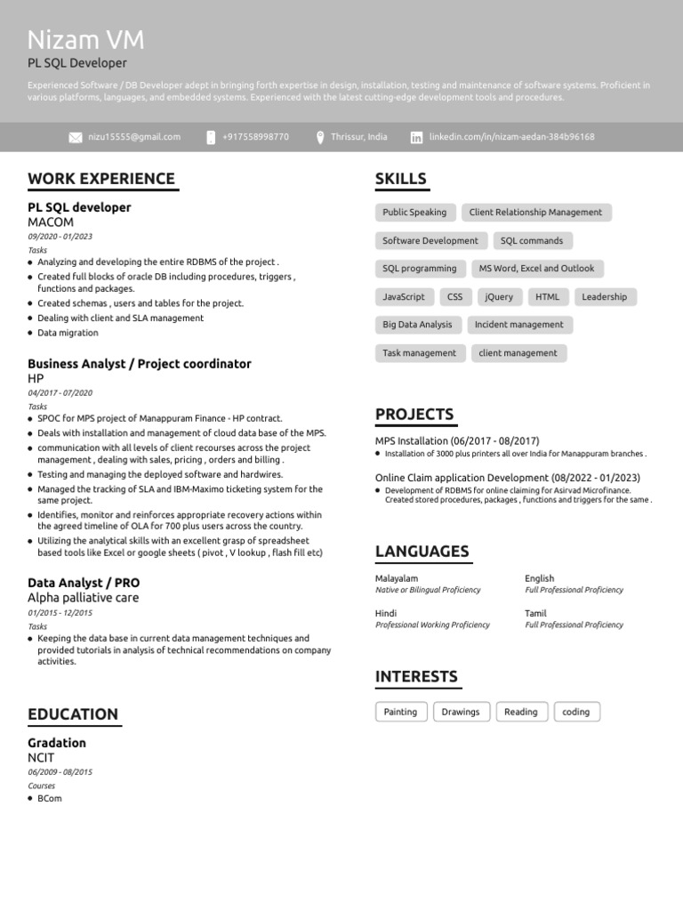 Nizam's Resume | PDF | Sql | Pl/Sql