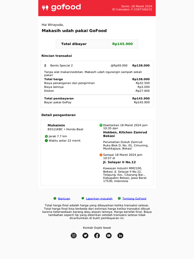 Rincian Transaksi GoFood 18 Maret 2024 | PDF