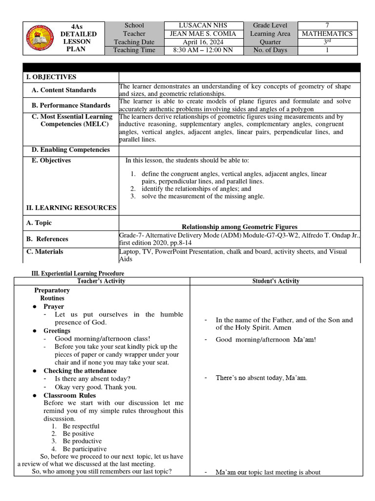 DLP IN MATHEMATICS SEVEN-ANGLES PAIRS-congruent-adjacent (AutoRecovered) | PDF | Angle ...